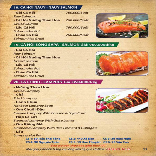 Menu cá hồi nauy, cá hồi sống sapa, cá chình