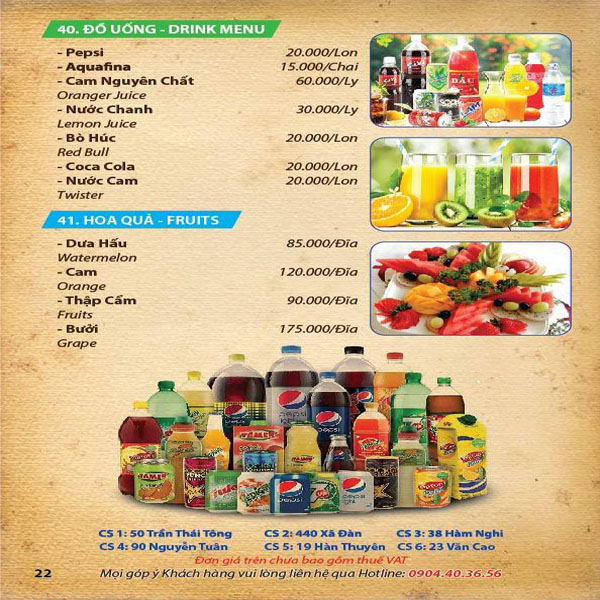 Menu đồ uống, hoa quả