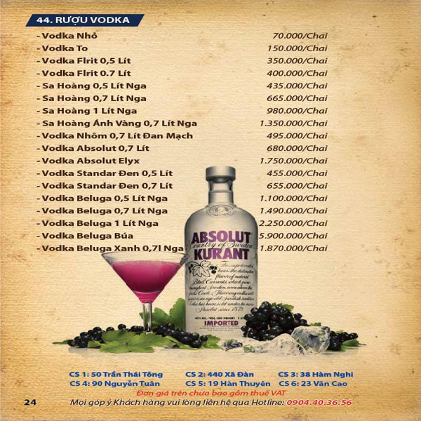 Menu rượu vodka